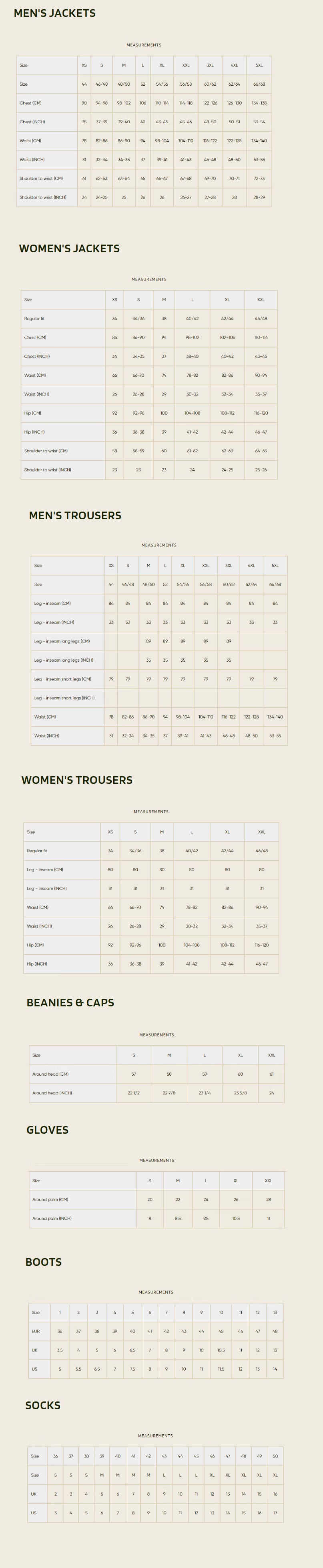 Harkila Size Guide